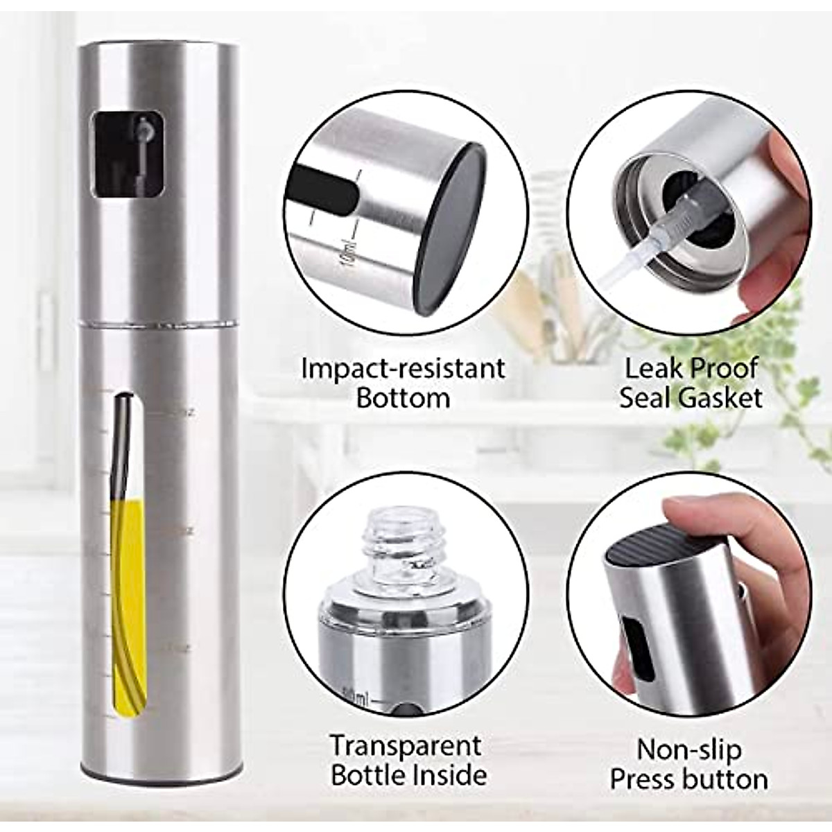 A&J Essentials Oil Sprayer for cooking- 100mL stainless steel, modern, durable, sleek design - Baking, Salad, Grilling, BBQ, Roasting - Oil dispenser is compatible with various cooking oils & juices