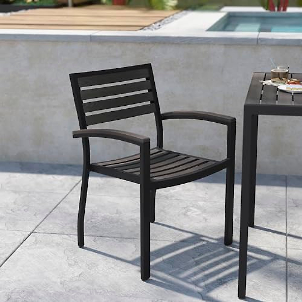 Flash Furniture Lark Set of 2 Stackable Aluminum Patio Chairs - All-Weather Black Framed Side Chairs with Gray Wash Faux Teak Slats - Commercial Grade