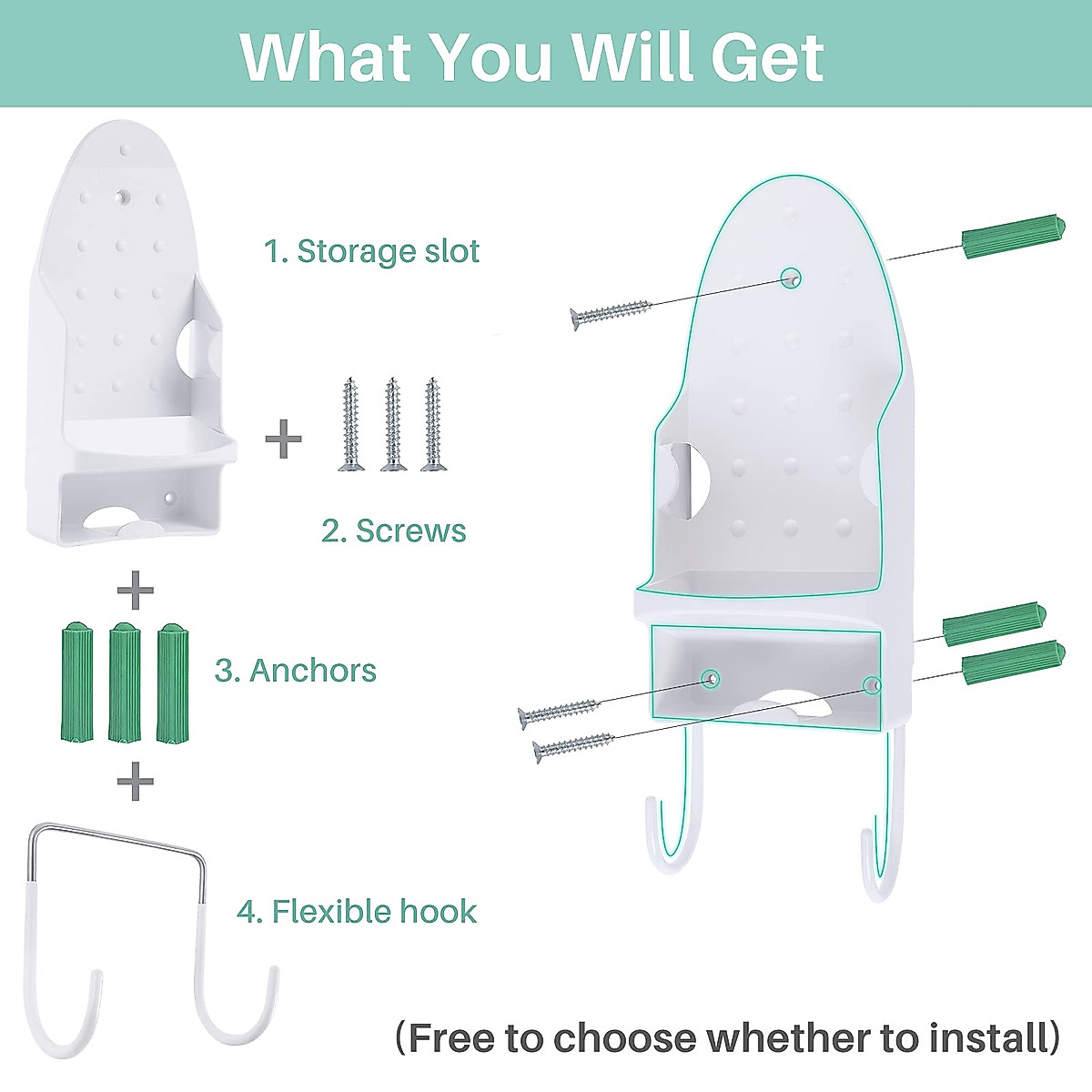 Ironing Board Hanger Wall Mount, Iron Hanger with Ironing Board Rack, Heat Resistant Iron Holder Wall Mount for Max 5 Inch Width (White)