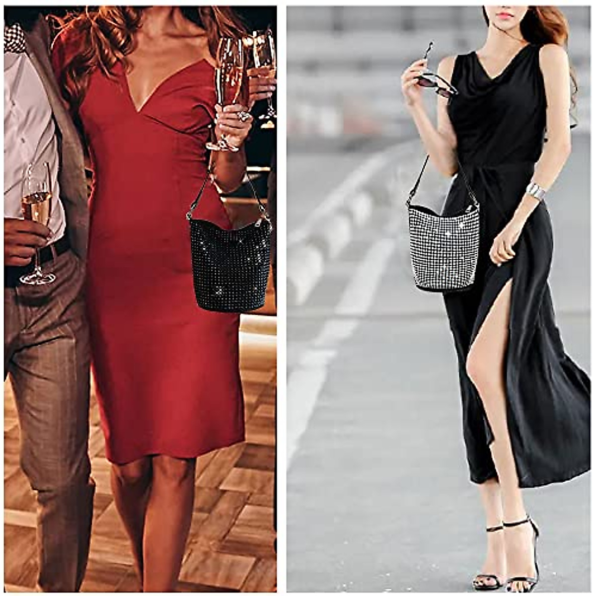 Bydenwely Rhinestone Rivets Bling Bucket Hobo Bag Medium Chic Evening Purse Women Clutch Crossbody Mini Tote for Prom Party, Black
