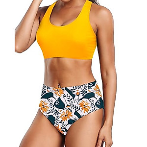 Holipick Women High Waisted Two Piece Bikini Sports Crop Top Swimsuit Scoop Neck Bathing Suit for Teen Girls with Bottom Yellow Floral