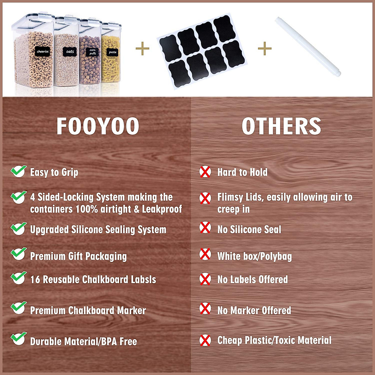 FOOYOO Cereal Containers Storage Set - 4 Piece Airtight Large Dry Food Storage Containers(135.2oz), BPA Free Dispenser Plastic Cereal Storage Containers with 16 Labels & Pen