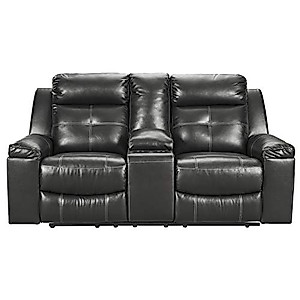 Signature Design by Ashley Kempten Faux Leather Manual Reclining Sofa with High Back, Center Console and Blue LED Lighting, Black