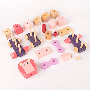 Toddler Montessori Toy, Wooden Block Train Set Stackable Building Blocks Toy Shape Sorter Toy Pink Lion Pull Toy for Baby Girl Ages 2 4 3 Years Birthday Gift Early Learning Educational Toy