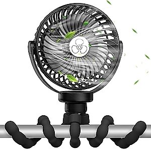 VASG Battery Operated Stroller Fan, Portable Handheld Mini Fan Clip on Fan with Flexible Tripod, USB or Battery Powered Desk Fan, 3 Speeds and Rotatable Personal Fan for Car Seat, Crib, computer fan