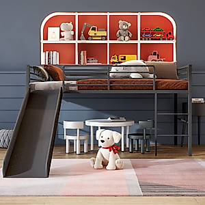 Giantex Twin Loft Bed with Slide, Metal Low Bunk Bed w/Safety Guardrails & Built-in Ladder, Toddler Bed Floor Frame for Boys & Girls, No Box Spring Needed (Black)