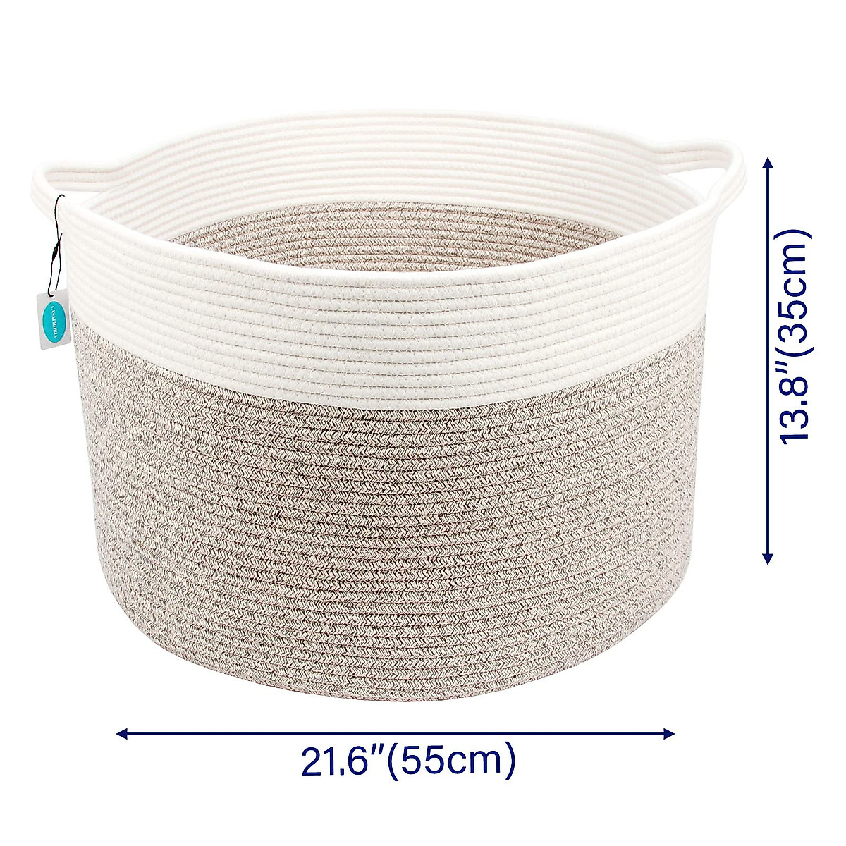 Casaphoria XXXLarge Cotton Rope Basket for Living Room - Woven Storage Basket with Handle for Blankets, Towels and Pillows Laundry Hamper | Cream white and Brown (22" x 22" x 14")