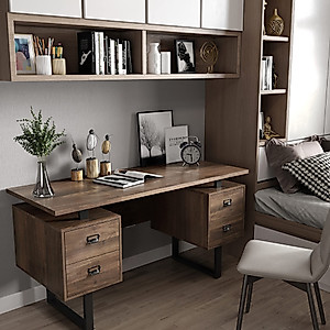 VERDANTREE Large Office Desk Computer Table with 4 Drawers for Home Office, 59" Study Writing Desk Workstation with Storage and Metal U Legs for Living Room, Office Walnut CTSZ20401WA