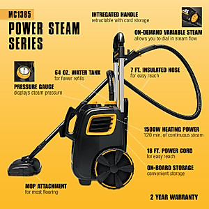 McCulloch MC1385 Deluxe Canister Steam Cleaner with 23 Accessories, Chemical-Free Pressurized Cleaning for Most Floors, Counters, Appliances, Windows, Autos, and More, 1-(Pack), Black