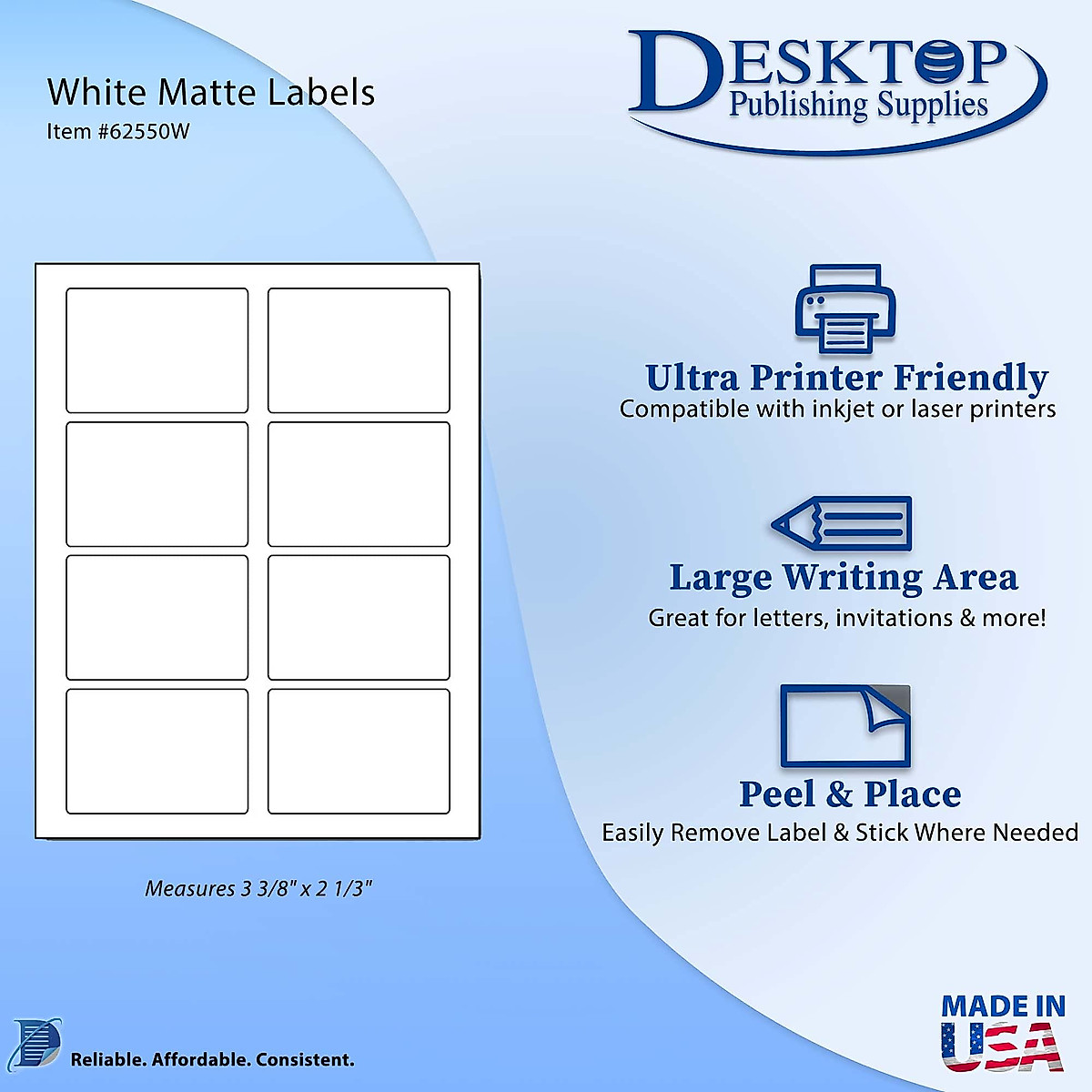 Adhesive Name Tag Stickers, 8 Labels per Sheet, 3 3/8" x 2 1/3" - 25 Sheets / 200 Labels - White Matte Finish Printable Badges for Inkjet/Laser Printers