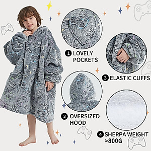 Fiosnow Glow in the Dark Game Controller Blanket Hoodies for Kids 6-13YR Oversize Wearable Blanket Hoodies for Boys Girls Teens