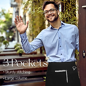 NLUS 3 Pack Server Aprons with 3 Pockets, Water Oil Stain Resistant Waitress Waiter Apron Black Waist Aprons Bistro Apron for Women Men, 24 X 12 inch