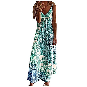 Summer Dress for Women Plus Size Dresses Casual Plus Size V Neck Beach Vacation Dress Summer Floral Boho Long Sundresses 4th of July Outfits for Women Elegant Dresses for Women(B Green,Large)