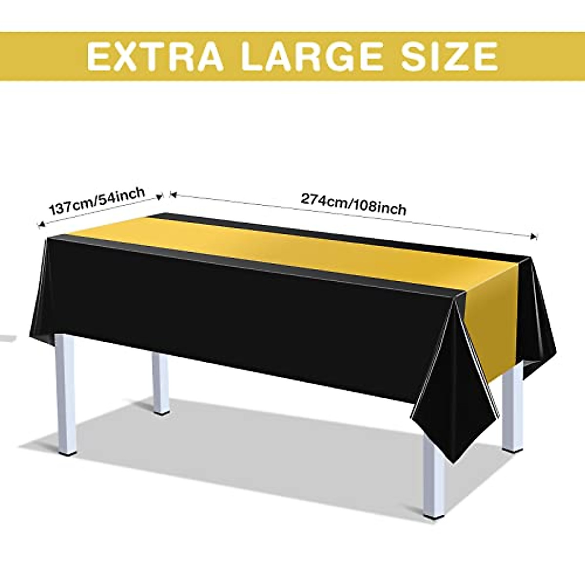 Tablecloth Black Plastic Table Cover Rectangle Disposable Tablecloth Set for Graduation Birthday Wedding Anniversary Picnic Festive Events Party Table Decoration Supplies (Black and Gold, 3)