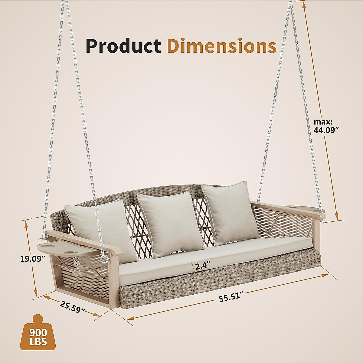 RYNSTO 3-Seat Wicker Hanging Porch Swing Outdoor with Non-Spill Cup Holder, Rattan Patio Swing Bench Ergonomic Design with Cushions & Chains, Heavy Duty 900 LBS Capacity for Deck, Garden, Backyard