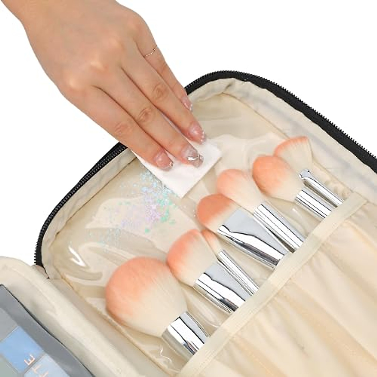 FINDCOZY Large Travel Makeup Bag, Double Layer Cosmetic Case for Women, Organizer for Travel Accessories Brushes, Beauty, Eyeshadow Palette, Lipstick, Black