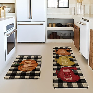 Artoid Mode Buffalo Plaid Pumpkin Turkey Thanksgiving Decorative Kitchen Mats Set of 2, Fall Home Low-Profile Floor Kitchen Rugs-17x29 and 17x47 Inch