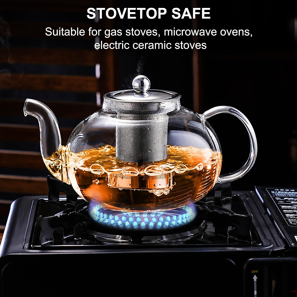 PARACITY Glass Teapot Stovetop 40 OZ/1200ml, Borosilicate Clear Tea Kettle with Removable 18/8 Stainless Steel Infuser, Teapot Blooming and Loose Leaf Tea Maker Tea Brewer for Camping, Travel