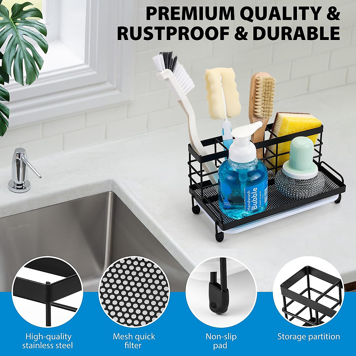 XG Glitter Sponge Holder for Kitchen Sink, Non-Slip Ktichen Sink Caddy Organizer, Bathroom Storage Organizer for Brush, Soap, Toiletries, Rustproof, Easy to Clean, Kitchen Bathroom Accessories - Black