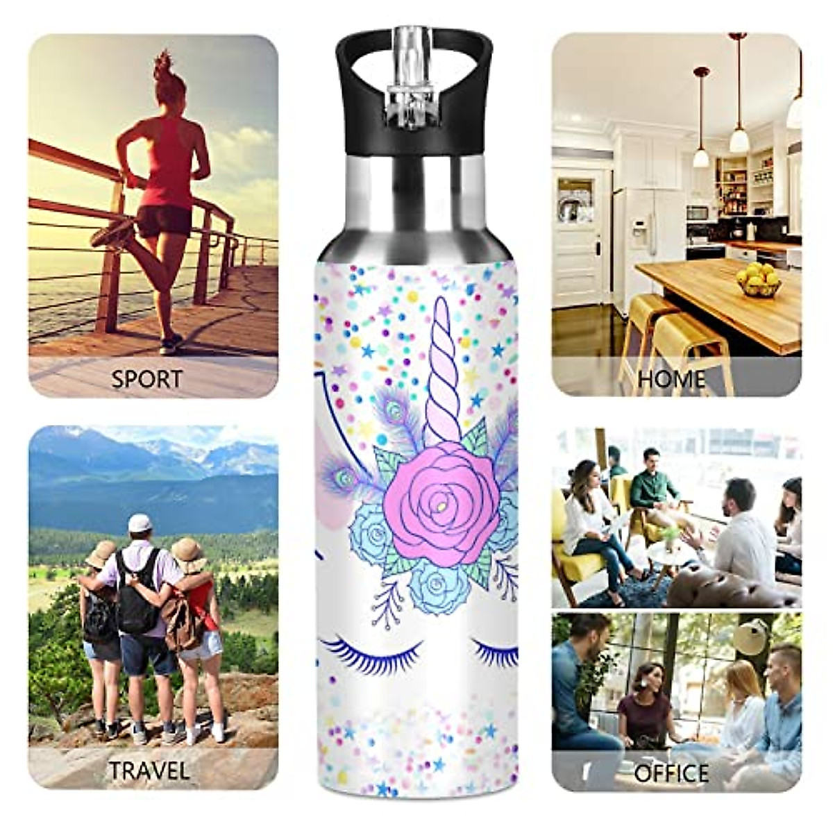 Star Flowers Unicorn Water Bottle with Straw Lid Double Wall Thermos Bottle Vacuum Insulated Flask Stainless Steel Water Bottle for Gym Outdoor 20 OZ