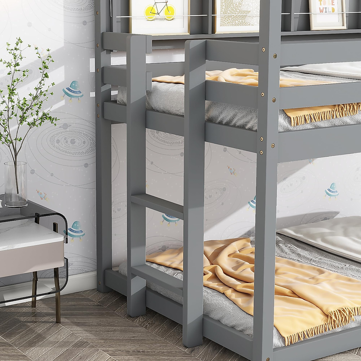 Bellemave Twin Size House Bunk Bed with Bookshelves for Kids,Twin Over Twin Floor Bunk Beds with Semi-Enclosed Roof,Solid Wood Twin Size Low Bunk Bed for Girls Boys,Gray