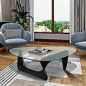 Noguchi Table Triangle Glass Coffee Table with Solid Wood Base, Modern Tempered Glass Accent Table, Sofa Side Table for Living Room Patio Study Office Hotel (Black, 0.472in)