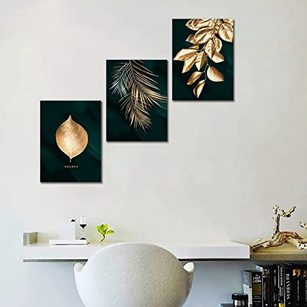 Sdmikeflax 3 Piece Modern Gold Botanical Wall Art for Bathrooms Living Room Bedroom Wall Decor Green Plant Canvas Printed Pictures, Multi Panel Framed Nature Artwork Ready to Hang, 12" x 16" x 3…