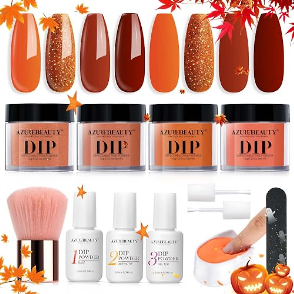 AZUREBEAUTY Dip Powder Nail Kit Starter, Orange Brown Glitter, 4 Fall Pumpkin Maple Dark Colors Set, French Halloween Nail Art Base Top Coat Activator Essential Liquid Manicure DIY Salon 12 PCS
