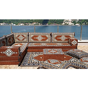 Brown Floor Cushions, Modern Arabic Majlis Set, Floor Sofa Set, Ethnic Sofa, Arabic Jalsa, Moroccan Sofa, Sectional Sofa with Ottoman, Sleeper Sofa (L Sofa + Rug + Poufs)