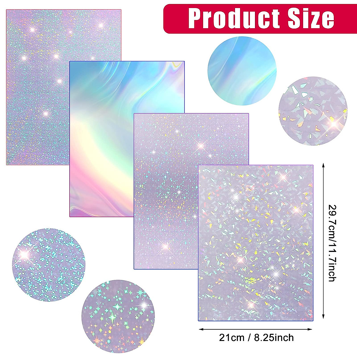 24 Sheets Holographic Sticker Paper Vinyl Printable Sticker Paper Transparent Holographic Self Adhesive Sticker Holographic Rainbow Waterproof Film for Stickers, A4 Size, 8.25 x 11.7 Inches