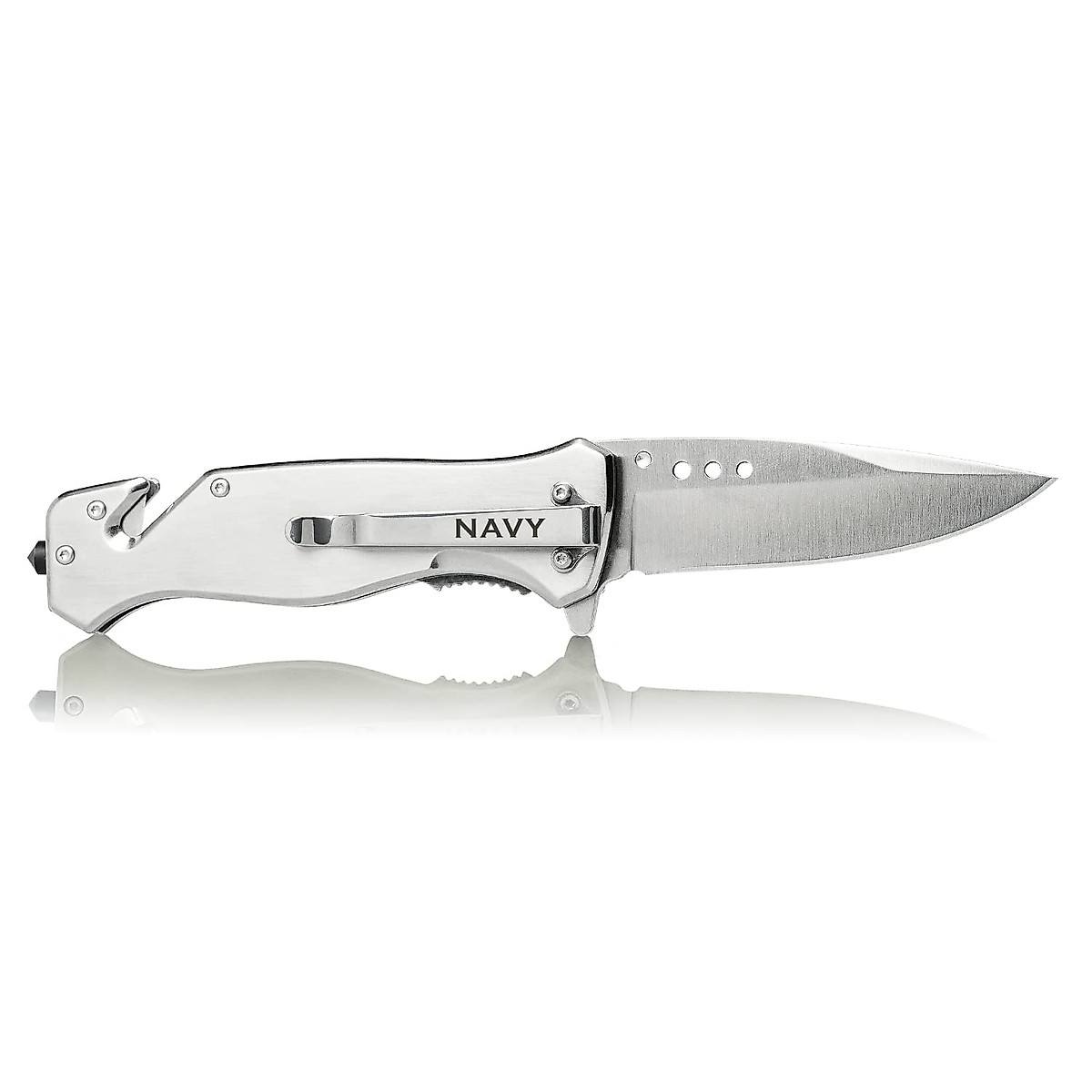 Military Gift Shop Navy Folding Elite Tactical Knife - Navy Rescue Knife (NAVY) |Disabled Veteran Owned Business | Navy Knife Silver