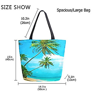ZzWwR 3d Beautiful Summer Beach Palm Trees Print Extra Large Canvas Shoulder Tote Top Storage Handle Bag for Gym Beach Weekender Travel Shopping