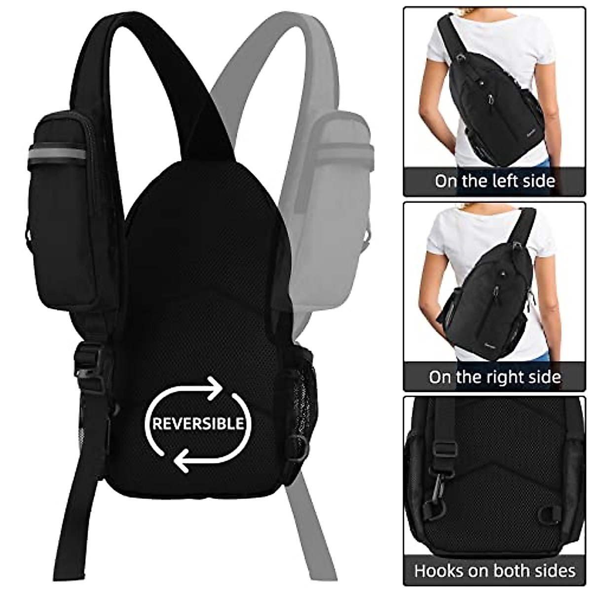 Fancosni Crossbody Sling Bags for Women Men, Black Sling Backpack, Lightweight Shoulder Bag, Multipurpose Sling Bag for Travel, Hiking, Shopping, Walking, Biking, Cycling, Earphone Hole, Chest Bag