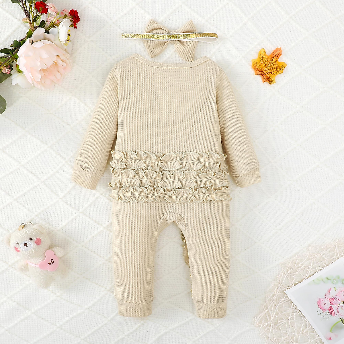 Mikrdoo 3-6 Month Baby Girl Clothes One-sies Sleeper Fall Winter Outfits Long Sleeve Little Girls' Clothing One-Piece Zipper Romper Infant Clothe Set with Headband for 3-6M Baby Apricot
