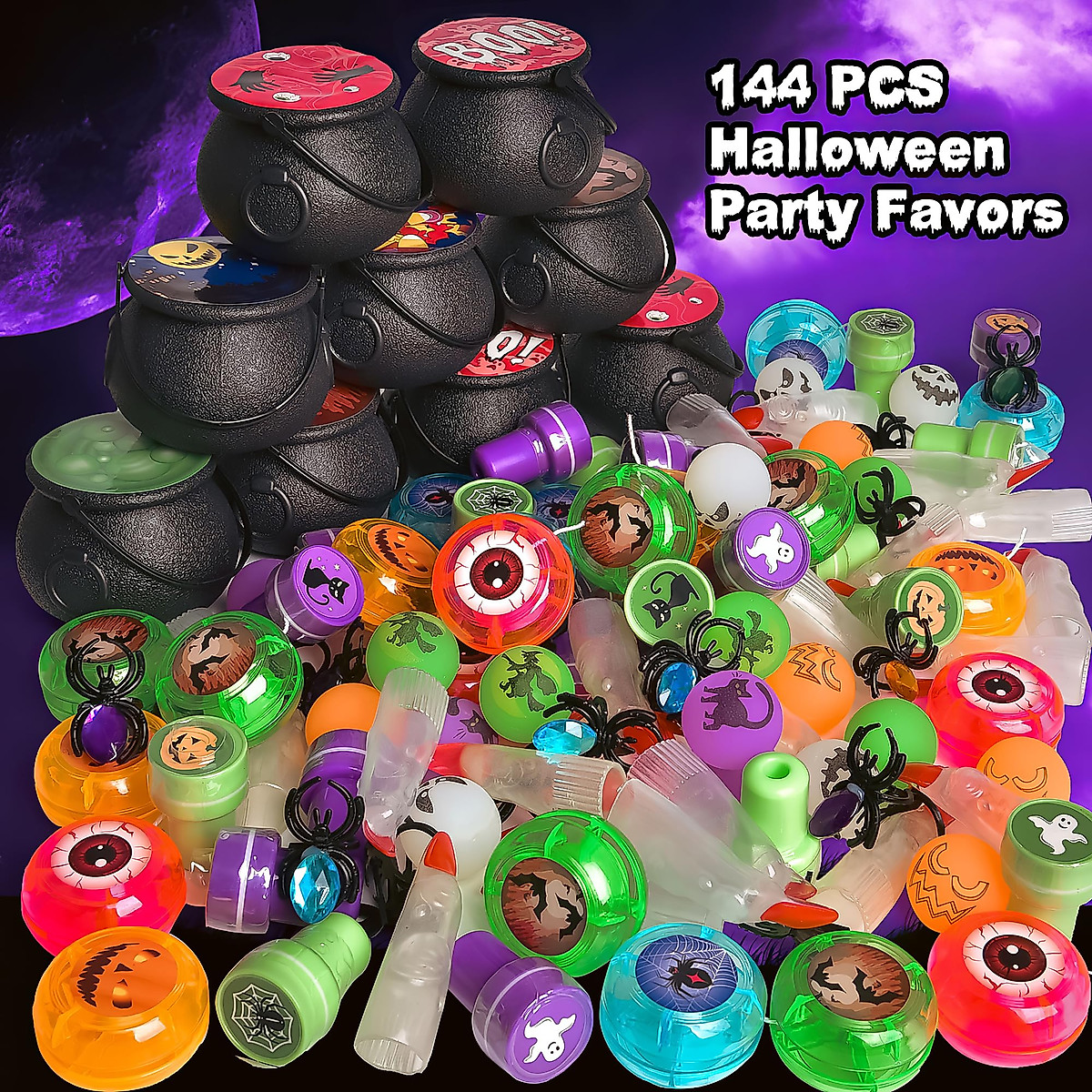 FUN LITTLE TOYS 24 Pack Prefilled Mini Plastic Witch Cauldron, Trick or Treat Toys in Bulk Small Halloween Buckets Pinata Prizes Gifts for Kids