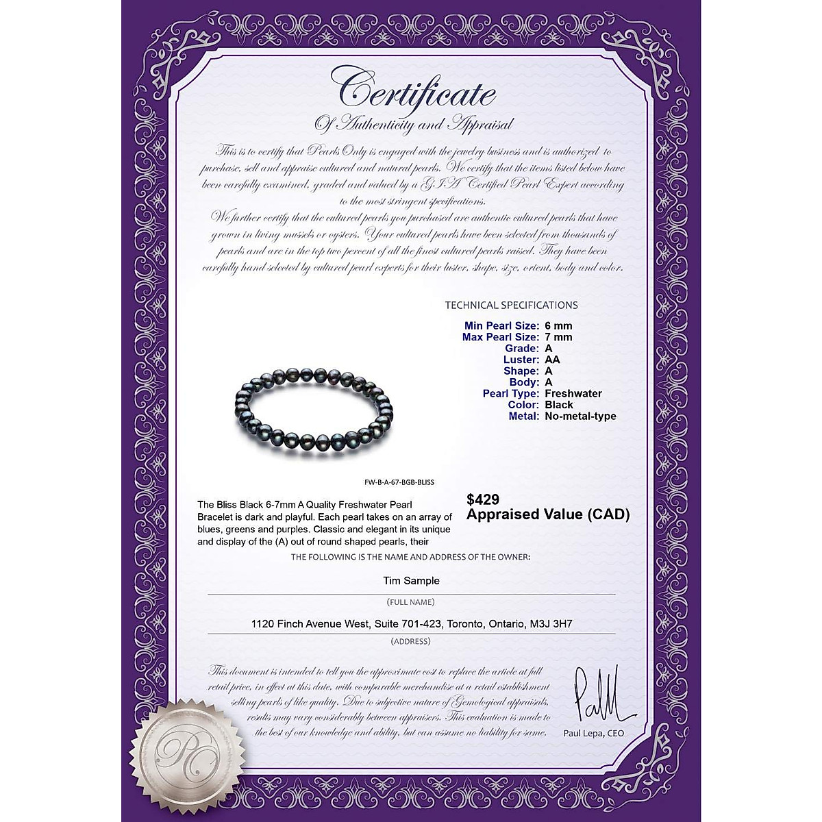 Bliss Black 6-7mm A Quality Freshwater Cultured Pearl Bracelet for Women-7 in length