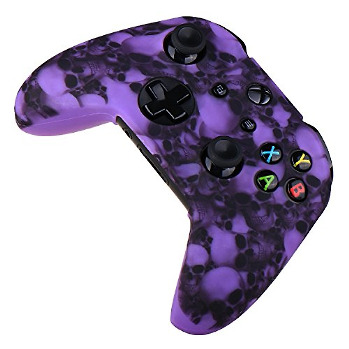 YoRHa Water Transfer Printing Skull Silicone Cover Skin Case for Microsoft Xbox One X & Xbox One S Controller x 1(Purple) with PRO Thumb Grips x 8