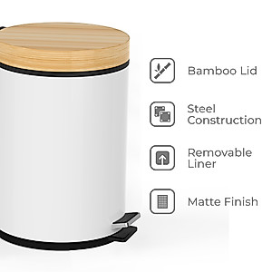 Bathroom Trash Can with Bamboo Lid, 5 Liter – 1.32 Gallon Soft Close Kitchen Trash Can - Removable Liner, Foot Pedal, Steel Construction, Anti-Slip Garbage Can – Small Trash Bin for Bedroom & Office