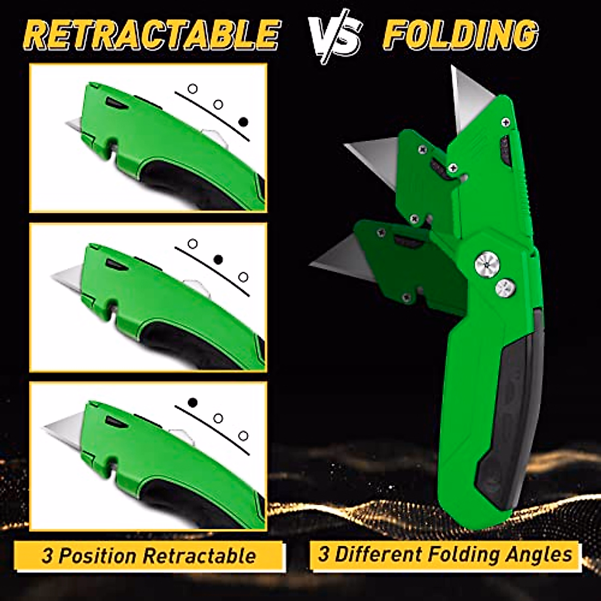 DIYSELF 2-Pack Utility Knife, Box Cutter Retractable and Folding Utility Knife, Blade Storage Design, Box Cutters for Cardboard, Cartons, Razor Knife with Extra 10 Blades, Quick Change Blade (Green)