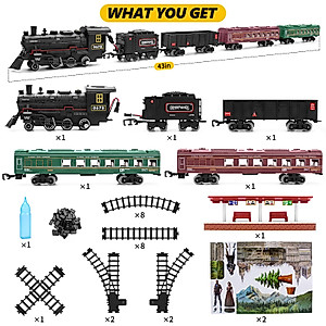 ROGALALY Train Set for Kids, Steam Locomotive Train w/Coal Car,Passenger Coach,Cargo Car & Long Tracks,Electric Train Railway Kits w/Smoke,Lights & Sound,Battery-Powered Train Toys Gift for Boys Girls