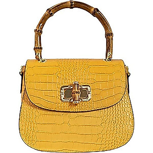 Women Handbag Leather Bamboo Top handle Crossbody bag Elegant Purse Evening bag Gift for Women Handmade Made in Italy (Mustard)