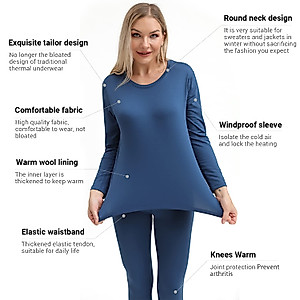 PISIQI Thermal Underwear Women Ultra-Soft Long Johns Set Base Layer Skiing Winter Warm Top & Bottom (L, Blue)