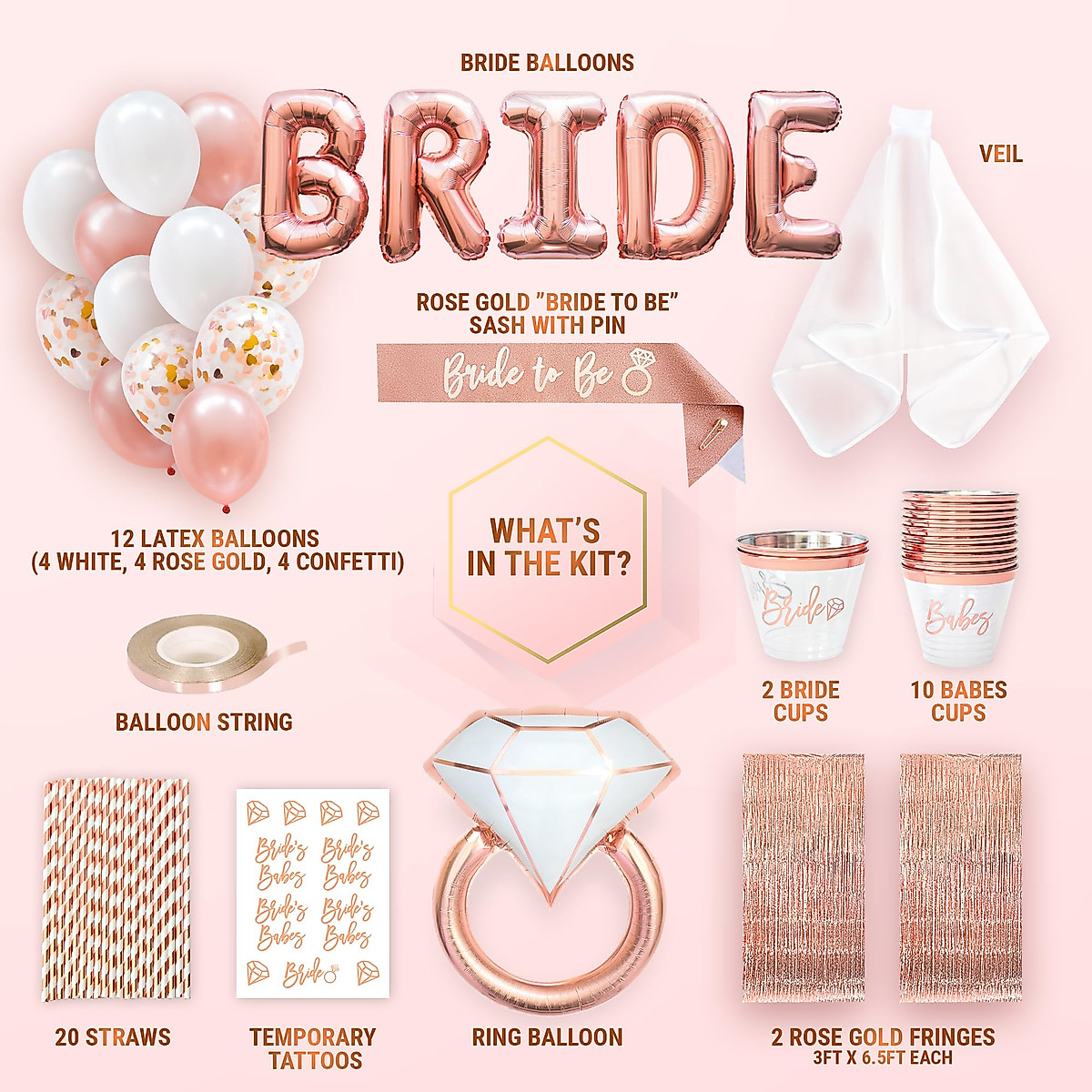 66 Piece Rose Gold Mega Bachelorette Party Decorations Kit, Fun Bridal Shower Decorations Pack, Bride to Be Sash, Rose Gold Cups, Veil, Bride & Ring Balloons, Premium Bridal Decorations for Shower