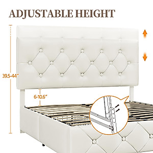 Yaheetech Queen Upholstered Bed Frame with 4 Drawers and Adjustable Headboard, Faux Leather Platform Bed with Mattress Foundation Strong Wooden Slats Support, No Box Spring Needed, Beige