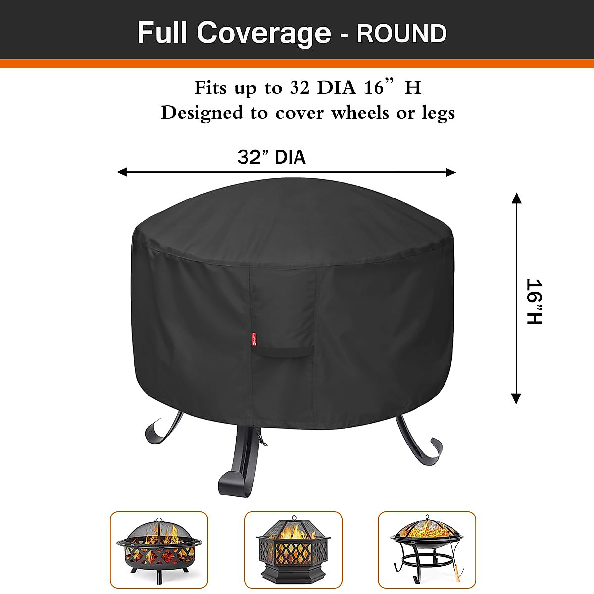 Round Gas Fire Pit / Table Cover,Fits 22-32 inch Firepit/Bowl,Heavy Duty 600D Polyester with PVC Coating Material, 100% Weather Resistant&Waterproof for Backyard, Porch, Camping, BBQ (Round-32”Dx16”H)