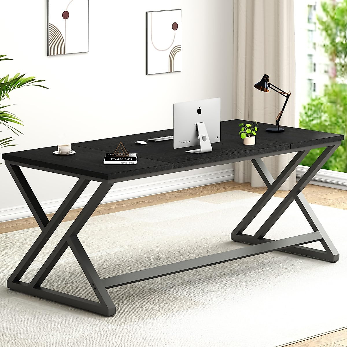 LVB 70.8" Black Computer Desk, Large Industrial Pc Study Home Office Desk, Long Modern Wood Gaming Work Writing Desk for 2 Person, Farmhouse Double Workstation Executive Desk with Storage in Bedroom