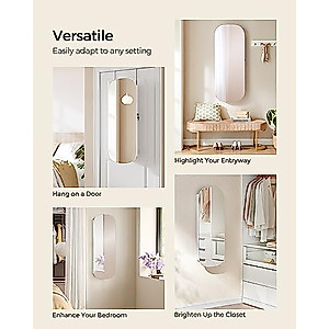 SONGMICS Jewelry Organizer, LED Jewelry Cabinet Wall/Door Mounted, Lockable Rounded Wide Mirror with Storage, Interior Mirror, 3.9 x 16.5 x 42.5 Inches, White Surface with Greige Lining UJJC026W01