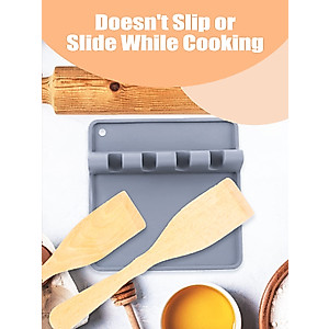 Silicone Spoon Rest with Drip Pad for Stove Top(2PCS), Large Utensil Rest for Multiple Utensils, Heat-Resistant & Dishwasher Safe Kitchen Utensil Holder for Spatula, Ladle, Kitchen Gadgets (Grey)