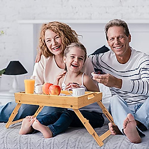 Greenual 2 Pack Bed Tray Table with Handles Folding Legs, Bamboo Breakfast Food Tray with Media Slot, Use As Platter, Laptop Desk, Snack, TV Tray Kitchen Serving Tray