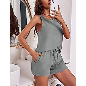 Ekouaer Womens Pajamas Tank Top and Shorts Waffle Pjs for Women Set Summer Trendy Sleepwear Set with No Sleeve Light Gray,Small